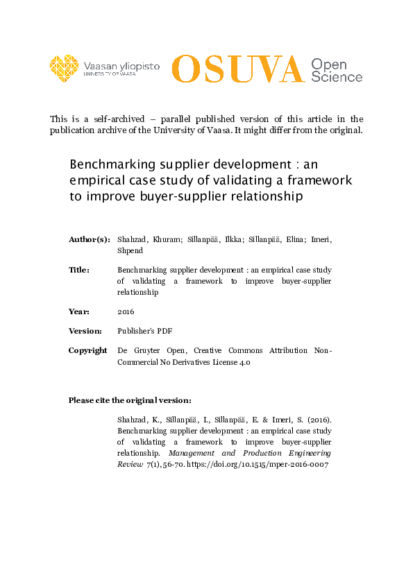 (PDF) Benchmarking Supplier Development: An Empirical Case Study of Validating a Framework to ...