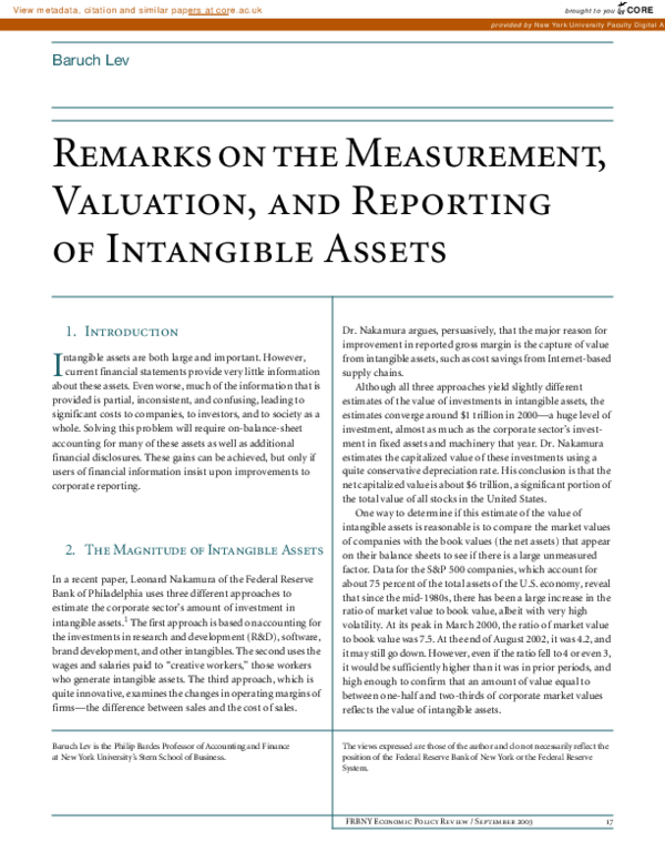 (PDF) Remarks on the Measurement, Valuation, and Reporting of Intangible Assets