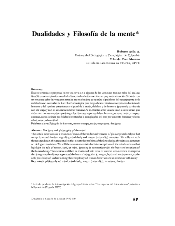 (PDF) Dualidades y Filosofía de la mente
