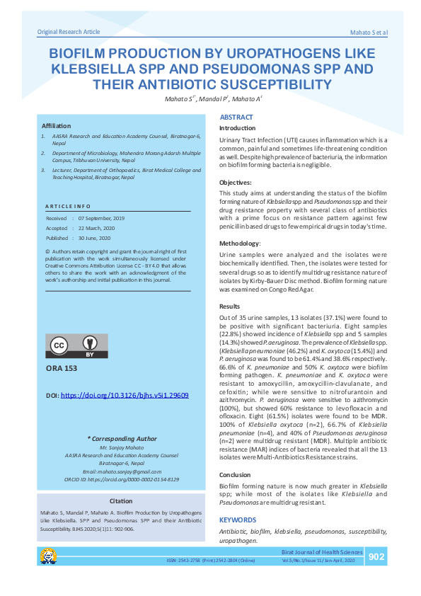 (PDF) Biofilm Production by Uropathogens like Klebsiella spp and Pseudomonas spp and their ...