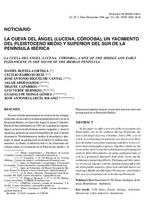 (PDF) La Cueva del Ángel (Lucena, Córdoba), un yacimientodel Pleistoceno Medio y Superior del ...