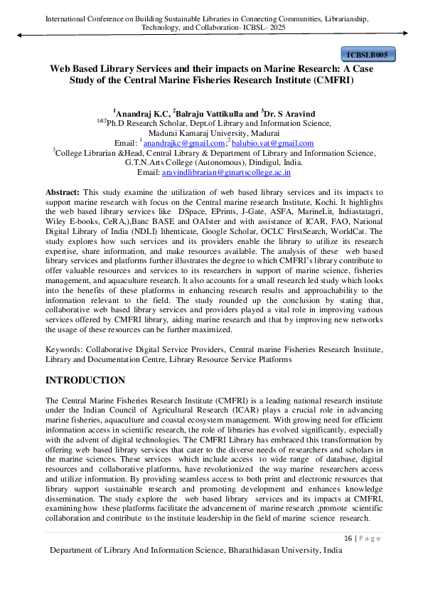(PDF) Web Based Library Services and their impacts on Marine Research: A Case Study of the ...