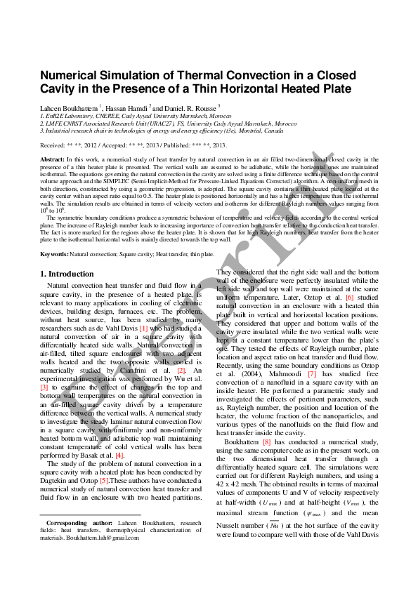 (PDF) Numerical Simulation of Thermal Convection in a Closed Cavity in the Presence of a Thin ...