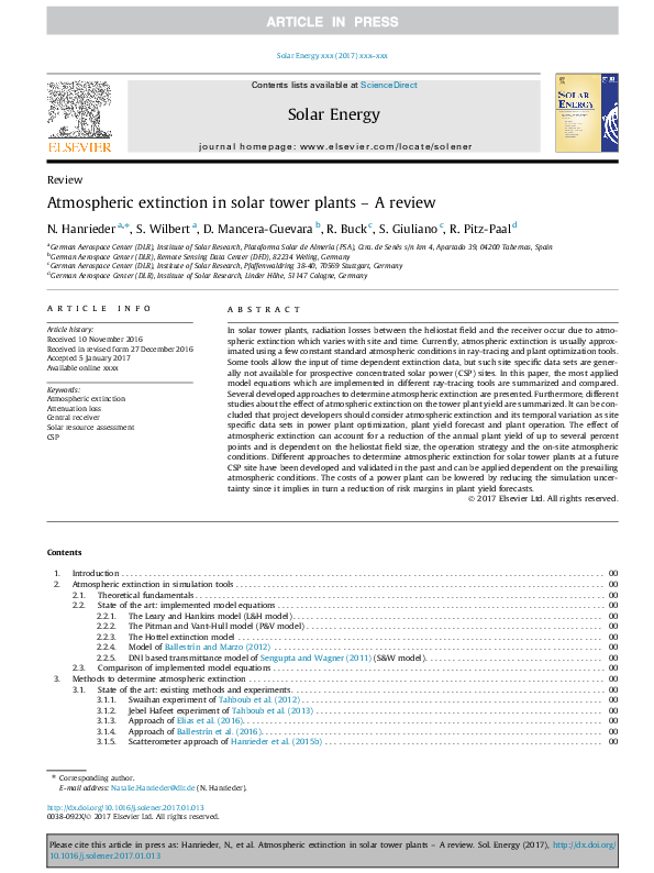 (PDF) Atmospheric extinction in solar tower plants – A review