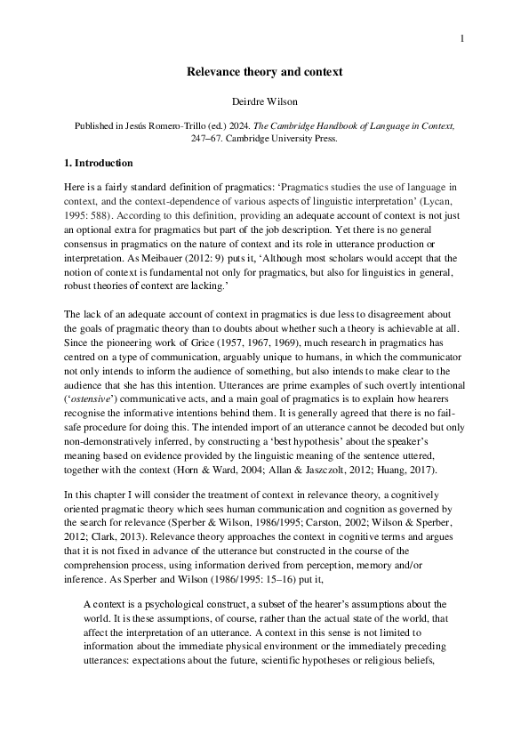 (PDF) Relevance theory and context