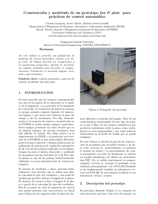(PDF) Construcción y modelado de un prototipo fan & plate para prácticas de control automático