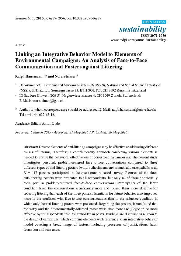 (PDF) Linking an Integrative Behavior Model to Elements of Environmental Campaigns: An Analysis ...
