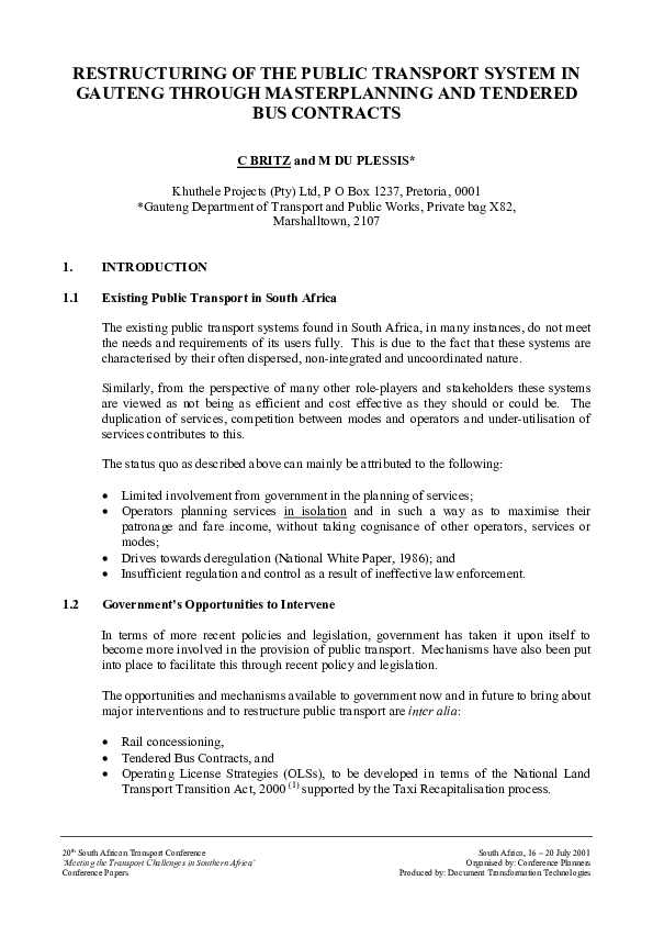 (PDF) Restructuring of the Public Transport System in Gauteng Through ...