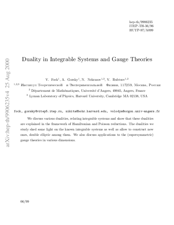 (PDF) Duality in integrable systems and gauge theories