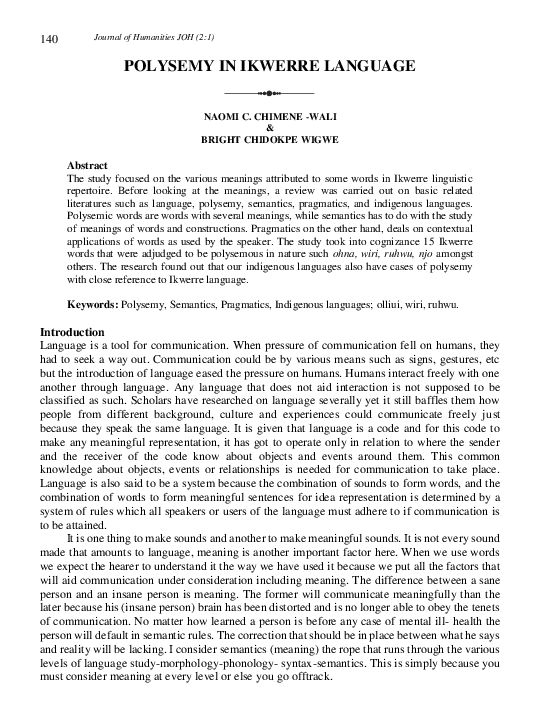 (PDF) POLYSEMY IN IKWERRE LANGUAGE