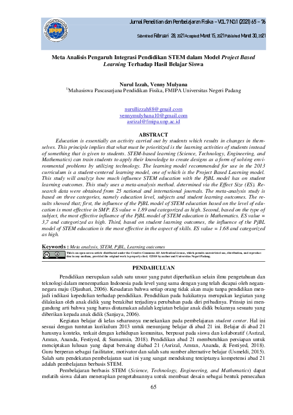 (PDF) Meta Analisis Pengaruh Integrasi Pendidikan STEM dalam Model Project Based Learning ...