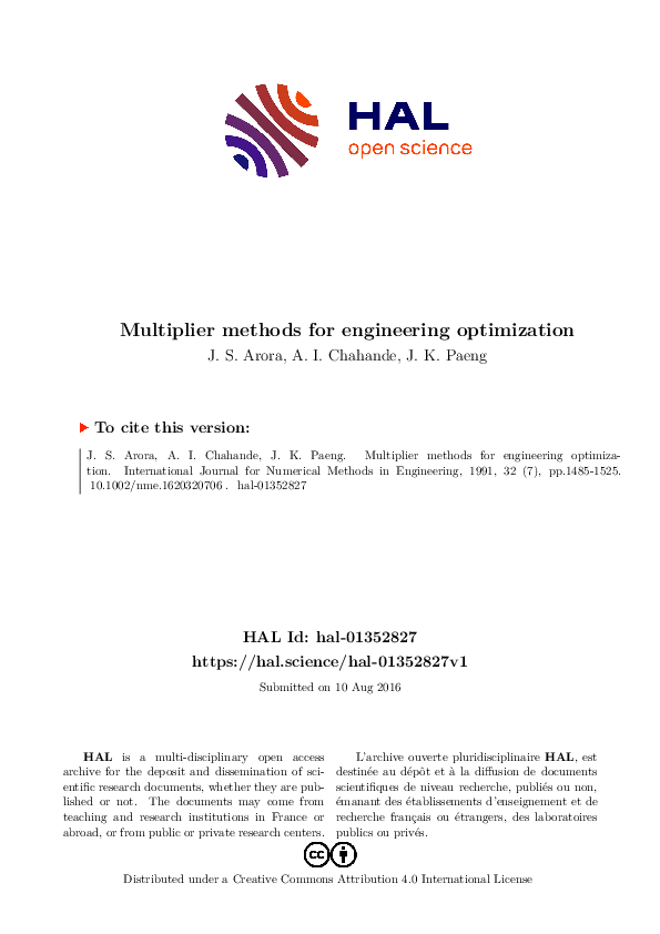 Pdf Multiplier Methods For Engineering Optimization