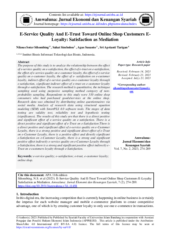(PDF) E-Service Quality And E-Trust Toward Online Shop Customers E-Loyalty: Satisfaction as ...