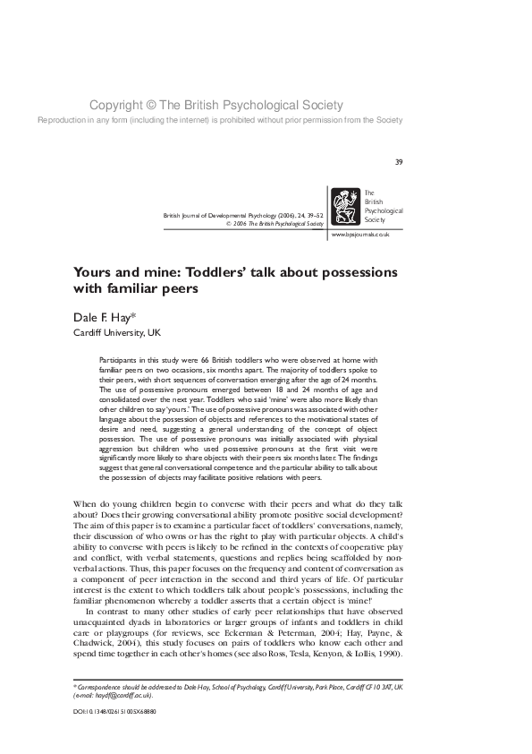 (PDF) Yours and mine: Toddlers' talk about possessions with familiar peers