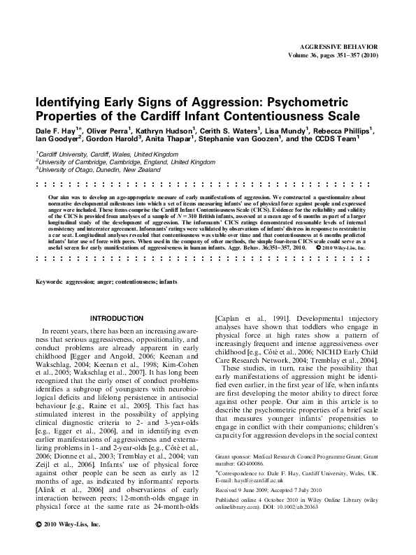 (PDF) Identifying early signs of aggression: psychometric properties of ...