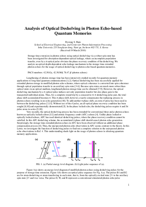 (PDF) Analysis of Optical Deshelving in Photon Echo-based Quantum Memories