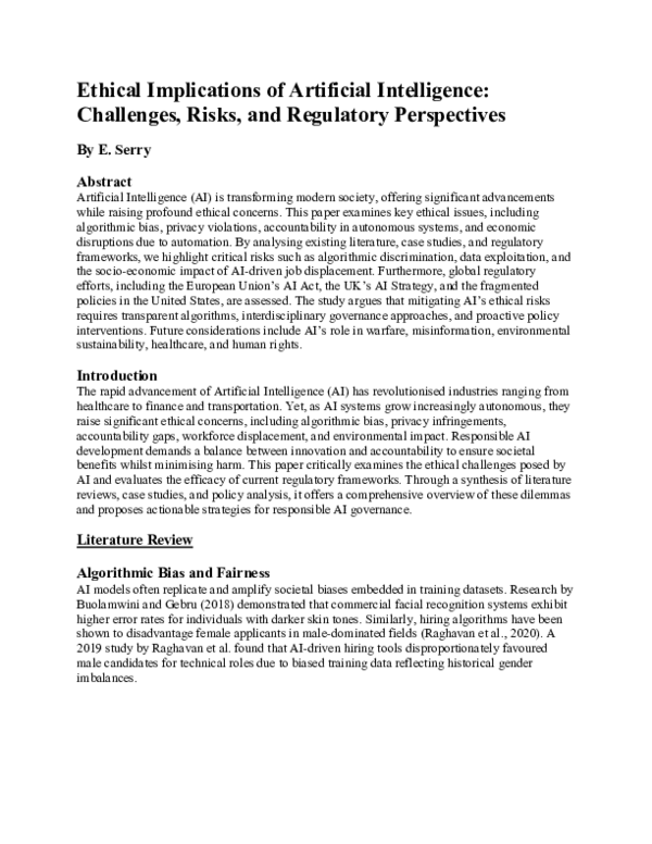 (PDF) Ethical Implications of Artificial Intelligence: Challenges, Risks, and Regulatory ...