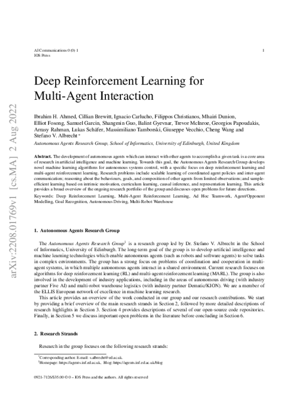 Pdf Deep Reinforcement Learning For Multi Agent Interaction