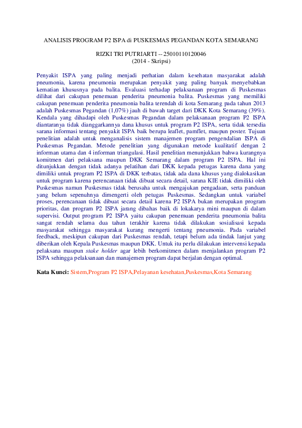 (PDF) ANALISIS PROGRAM P2 ISPA di PUSKESMAS PEGANDAN KOTA SEMARANG