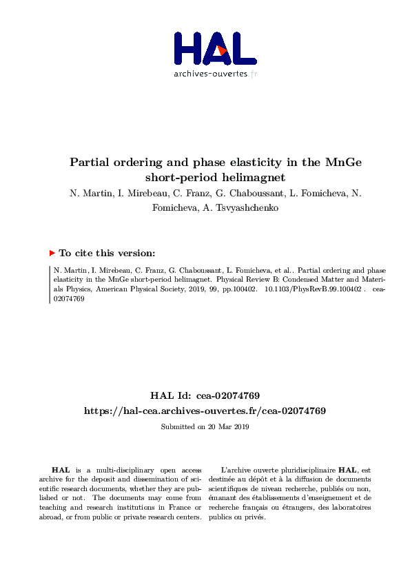(PDF) Partial ordering and phase elasticity in the MnGe short-period helimagnet