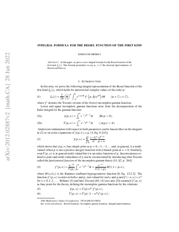 (PDF) Integral formula for the Bessel function of the first kind