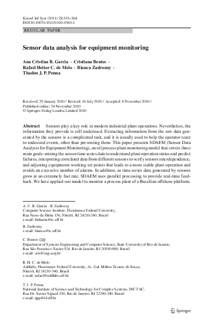 (PDF) Sensor data analysis for equipment monitoring