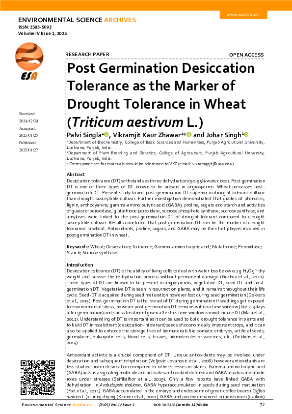 (PDF) Post Germination Desiccation Tolerance as the Marker of Drought ...