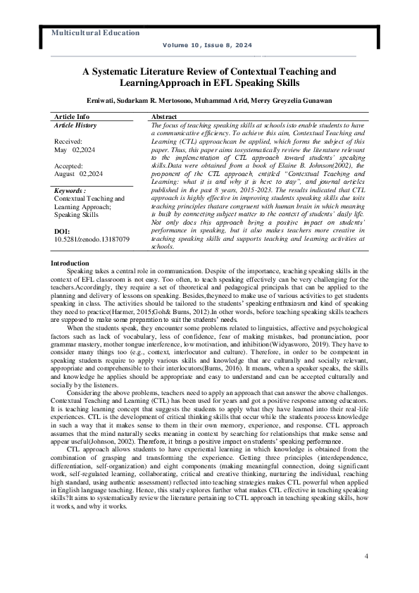 (PDF) A Systematic Literature Review of Contextual Teaching and LearningApproach in EFL Speaking ...
