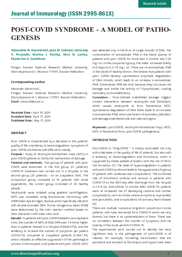 (PDF) POST-COVID SYNDROME -A MODEL OF PATHO-GENESIS