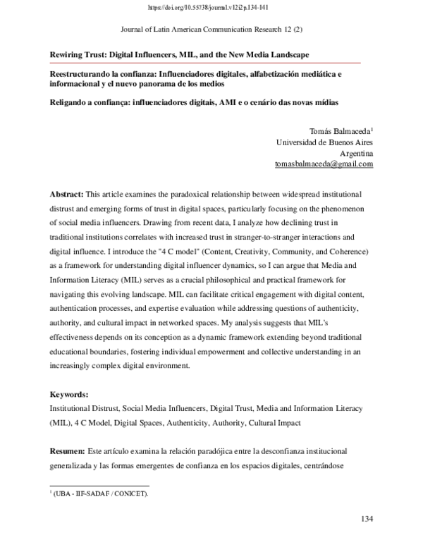 (PDF) Rewiring Trust: Digital Influencers, MIL, and the New Media Landscape