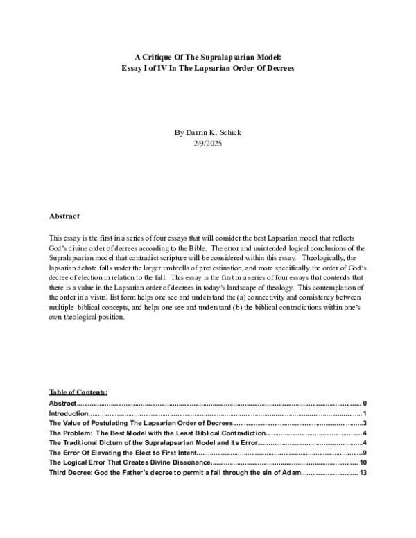 (PDF) A Critique Of The Supralapsarian Model: Essay I of IV In The ...