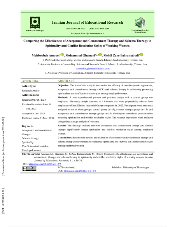 (PDF) Comparing the Effectiveness of Acceptance and Commitment Therapy and Schema Therapy in ...