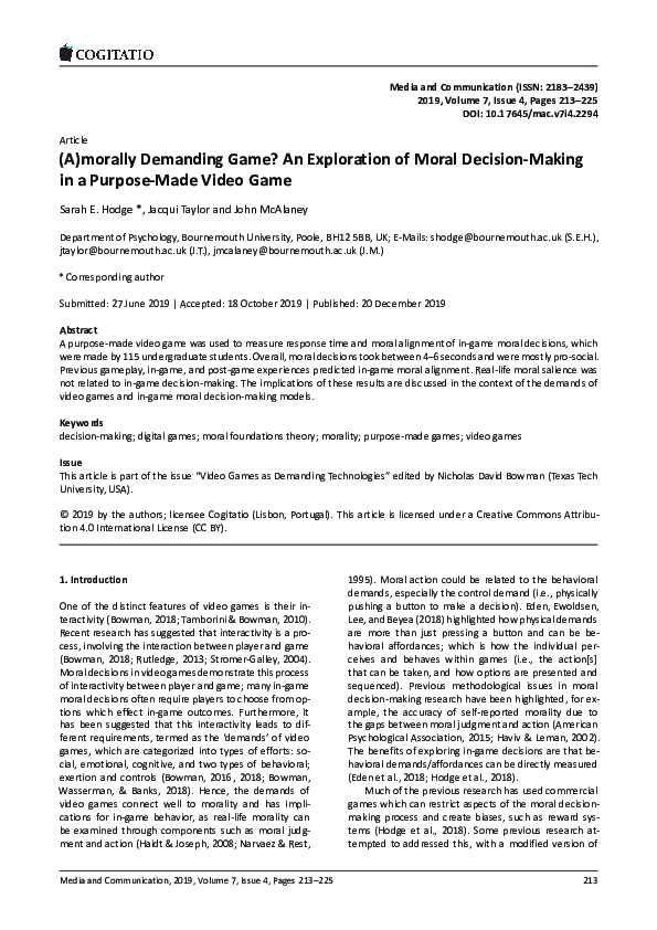 (PDF) (A)morally Demanding Game? An Exploration of Moral Decision ...