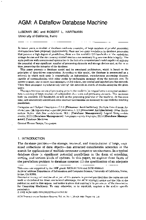 (PDF) AGM: a dataflow database machine