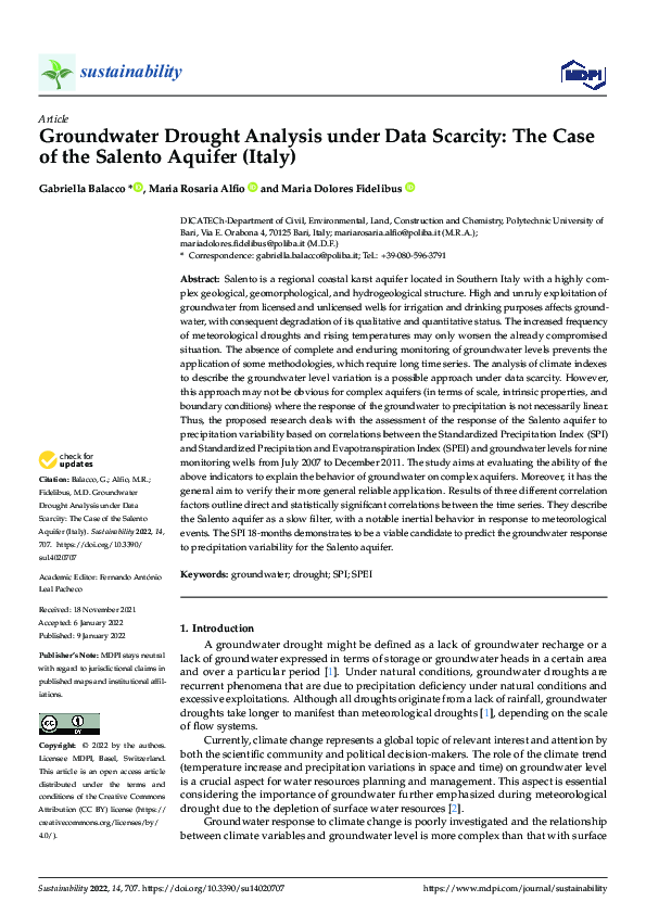 (PDF) Groundwater Drought Analysis under Data Scarcity: The Case of the Salento Aquifer (Italy