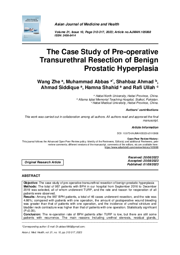 (PDF) The Case Study of Pre-operative Transurethral Resection of Benign ...