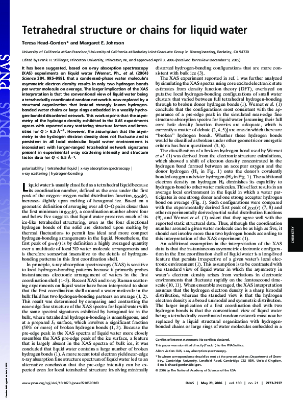 (PDF) Tetrahedral structure or chains for liquid water