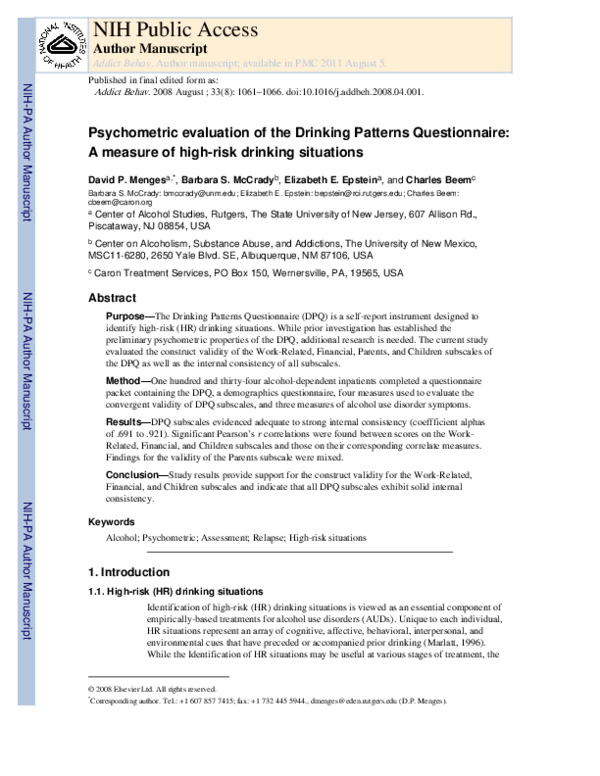 (PDF) Psychometric evaluation of the Drinking Patterns Questionnaire: A ...