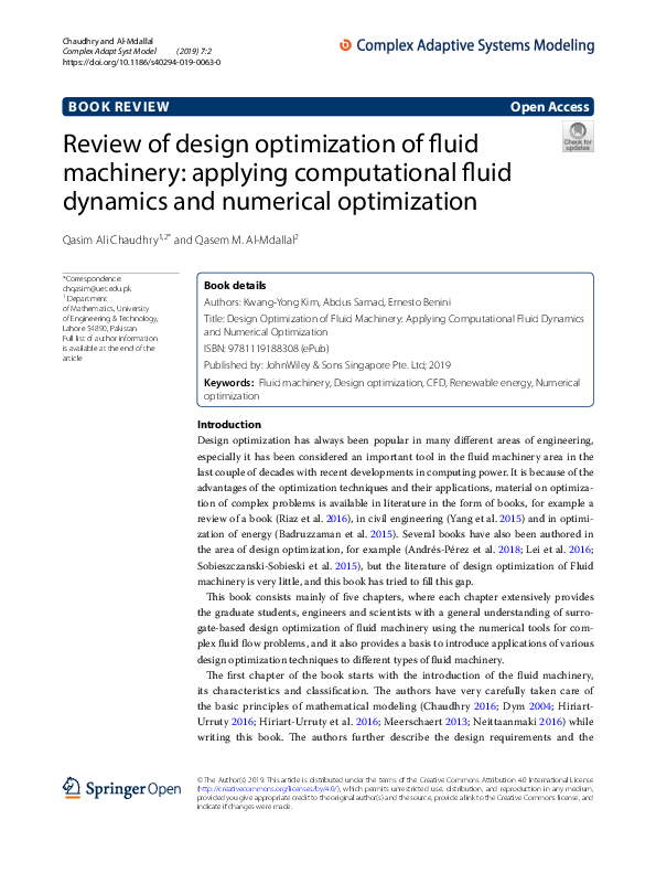 (PDF) Review of design optimization of fluid machinery: applying computational fluid dynamics ...