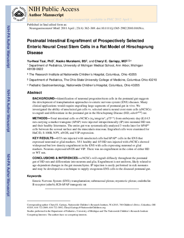 (PDF) Postnatal intestinal engraftment of prospectively selected ...