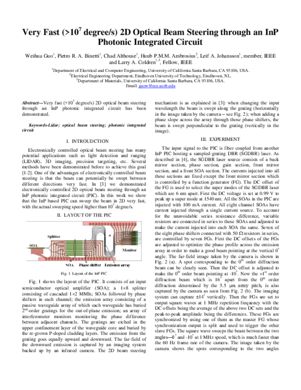 (PDF) Very fast (>10 7 degree/s) 2D optical beam steering through an InP photonic integrated circuit