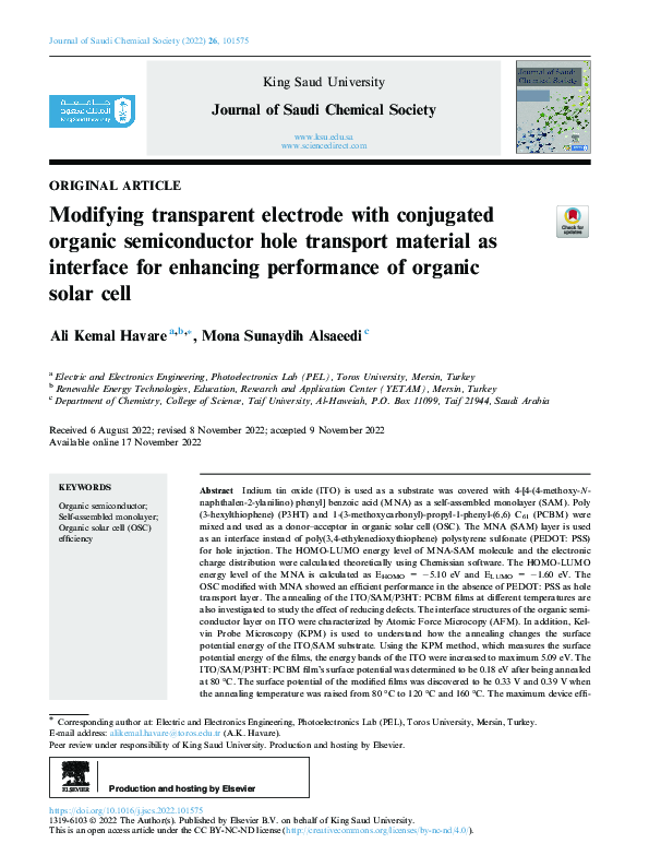 (PDF) Modifying transparent electrode with conjugated organic semiconductor hole transport ...