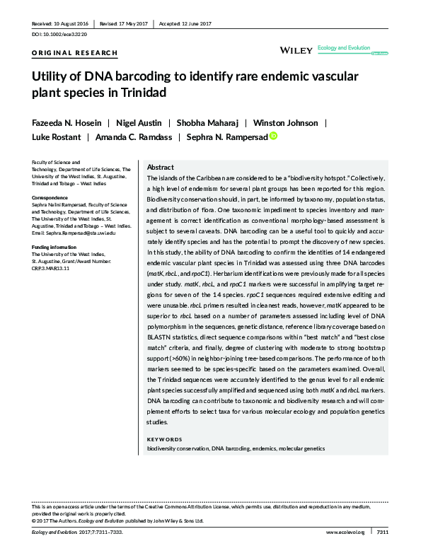 (PDF) Utility of DNA barcoding to identify rare endemic vascular plant ...