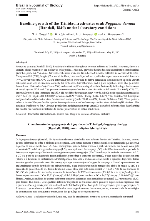 (PDF) Baseline growth of the Trinidad freshwater crab Poppiana dentata ...