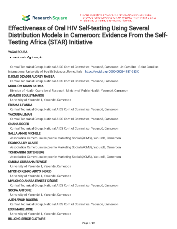 Pdf Effectiveness Of Oral Hiv Self Testing Using Several Distribution Models In Cameroon