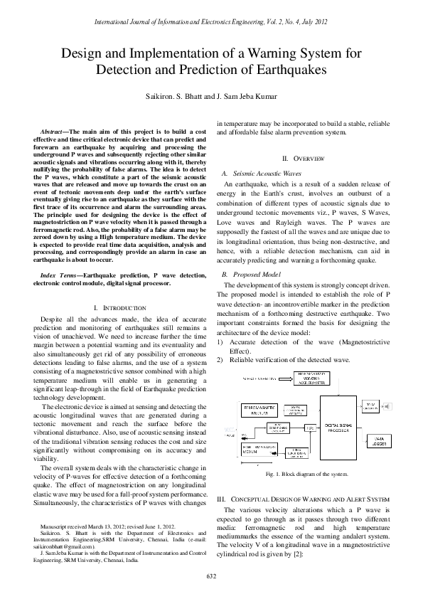 (PDF) Design and Implementation of a Warning System forDetection and Prediction of Earthquakes