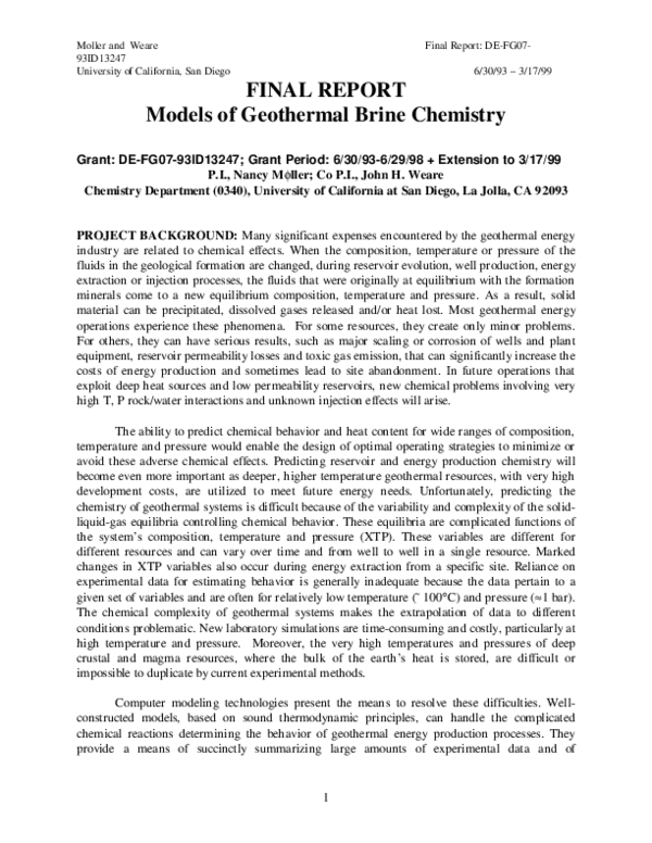 (PDF) Models of Geothermal Brine Chemistry