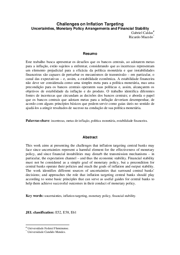 (PDF) Challenges on Inflation Targeting