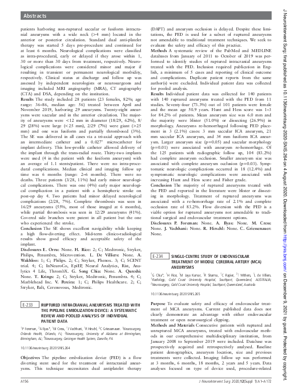 Pdf E 233 Ruptured Intracranial Aneurysms Treated With The Pipeline Embolization Device A