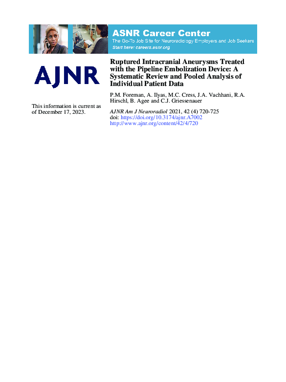 Pdf Ruptured Intracranial Aneurysms Treated With The Pipeline Embolization Device A